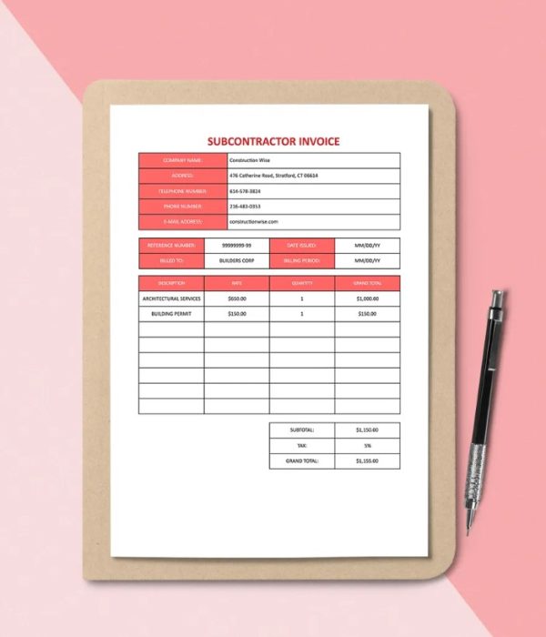 Subcontractor Invoice Template – PreWrite