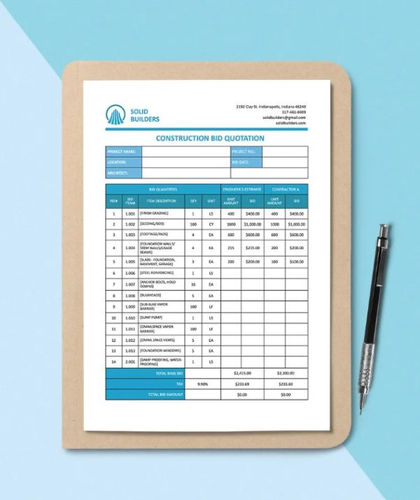 Construction Bid Quotation Template – PreWrite