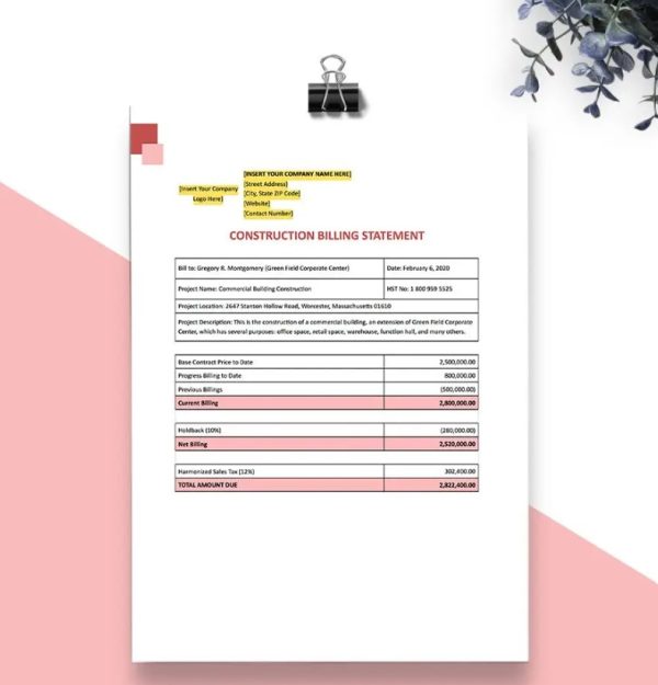 Construction Billing Statement Template – PreWrite