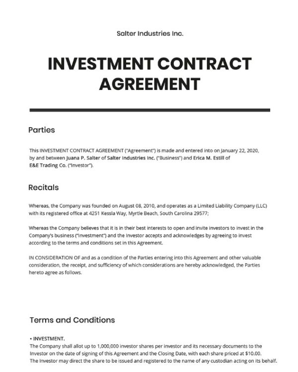Investment Contract Agreement Template – PreWrite