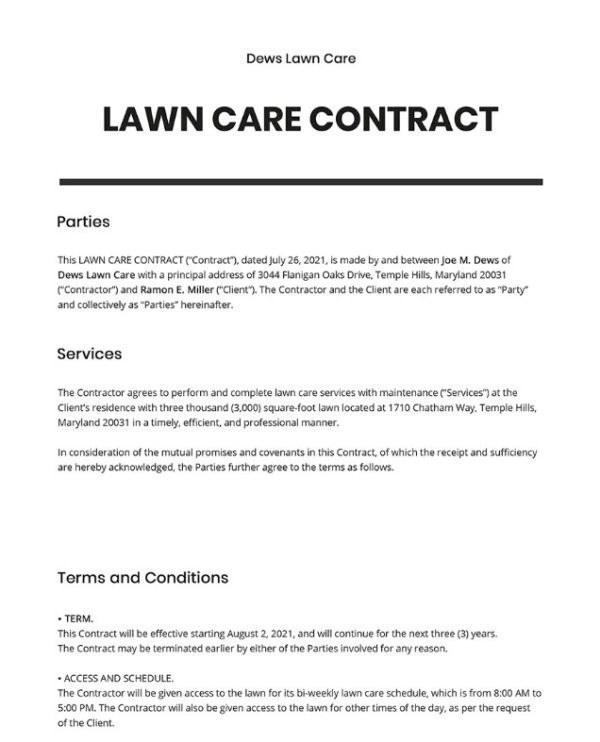 Lawn Care Contract Template – PreWrite