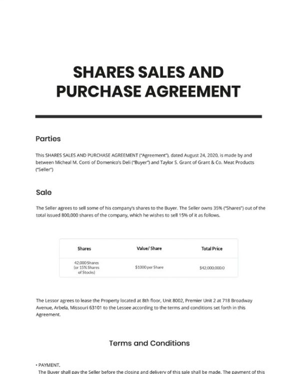 Purchase and Sale of Shares Agreement Template – PreWrite