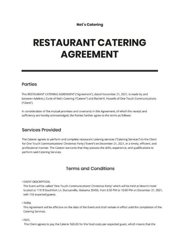 Restaurant Catering Agreement Template – PreWrite