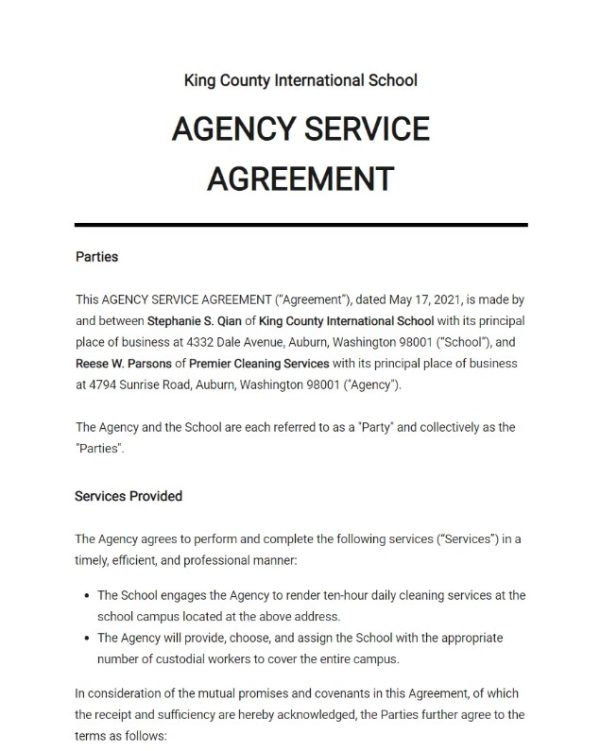 School Agency Agreement Template – PreWrite